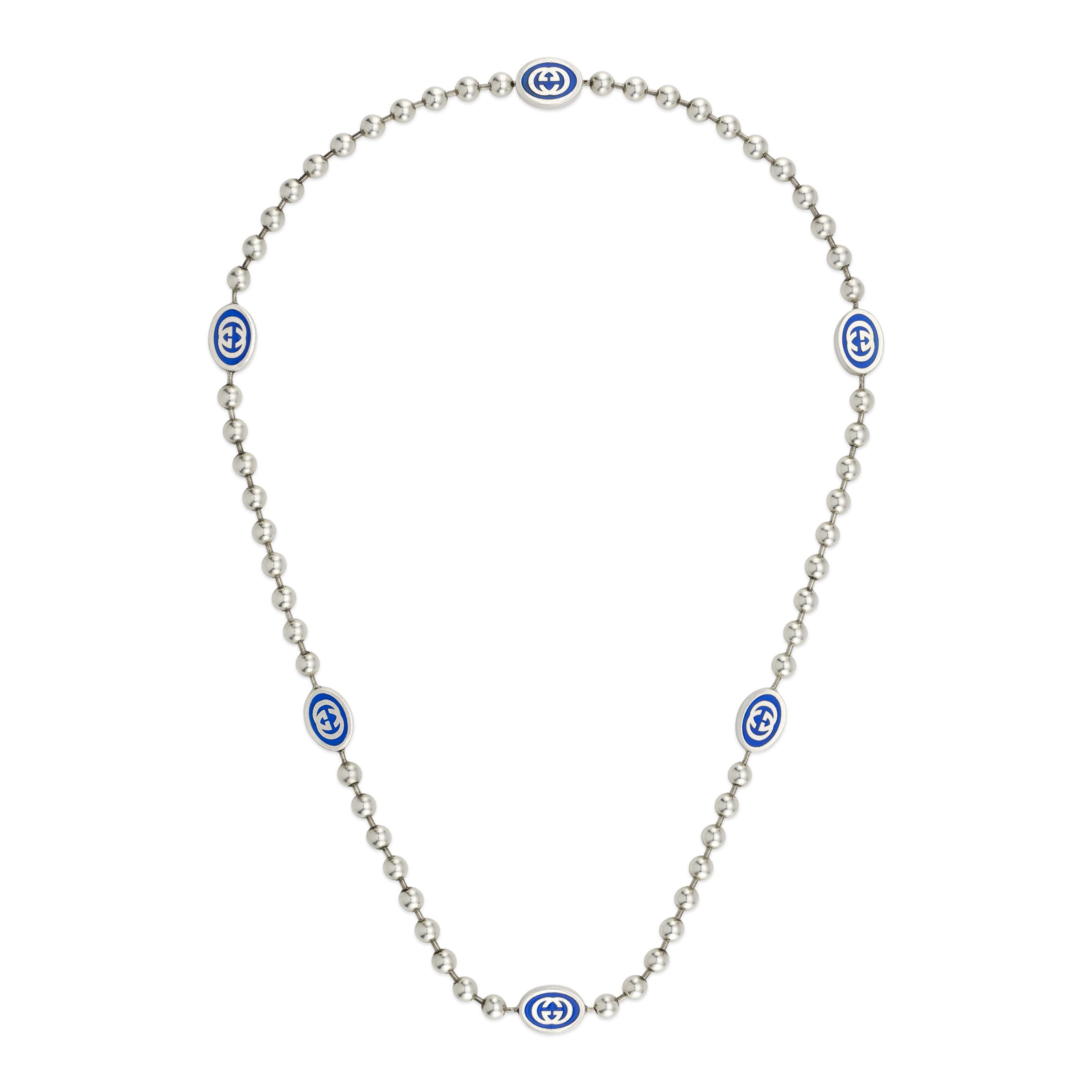 YBB75344800100 GUCCI BOULE Silver Necklace with Blue Enamel Logos 50cm
